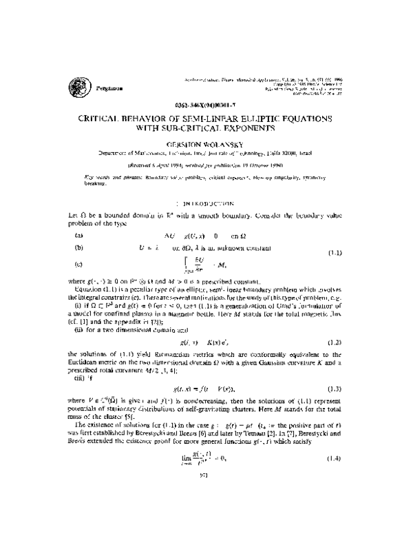 (PDF) Critical behavior of semi-linear elliptic equations with sub-critical exponents