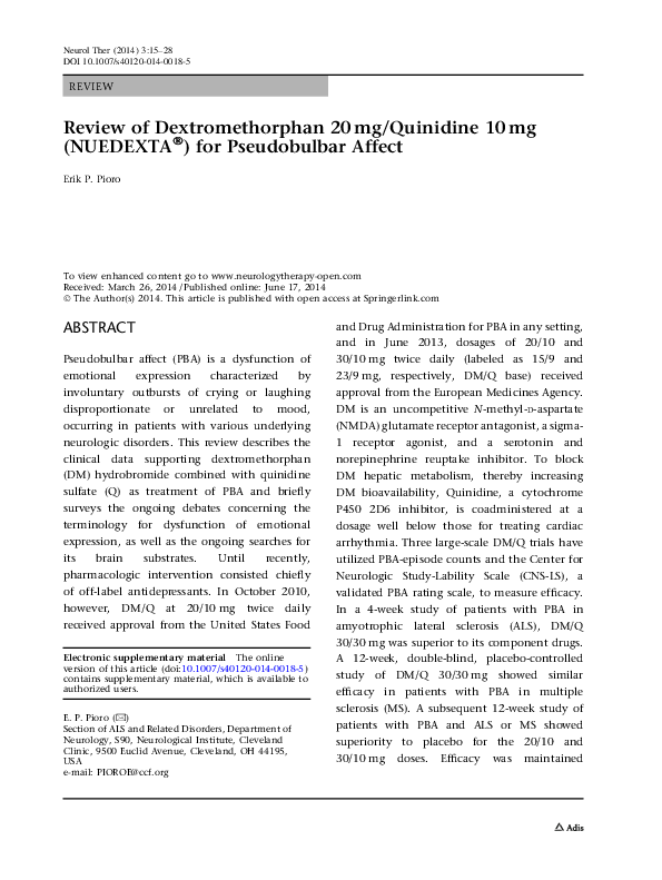 (PDF) Review of Dextromethorphan 20 mg/Quinidine 10 mg (NUEDEXTA®) for ...