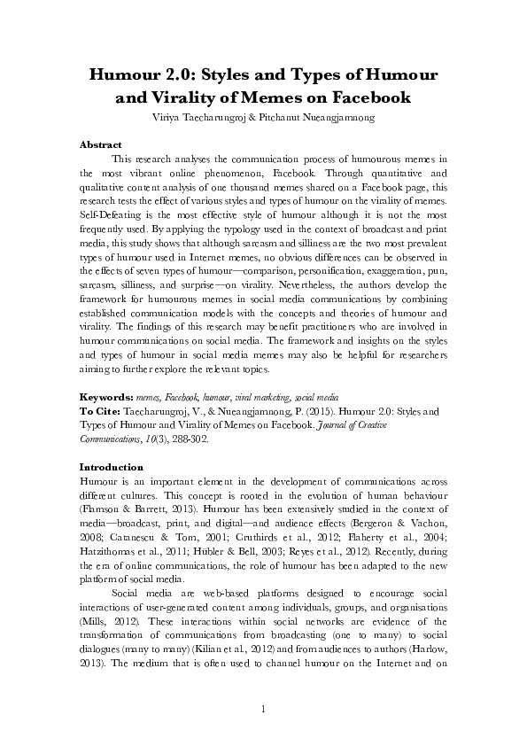 (PDF) Humour 2.0: Styles and Types of Humour and Virality of Memes on ...