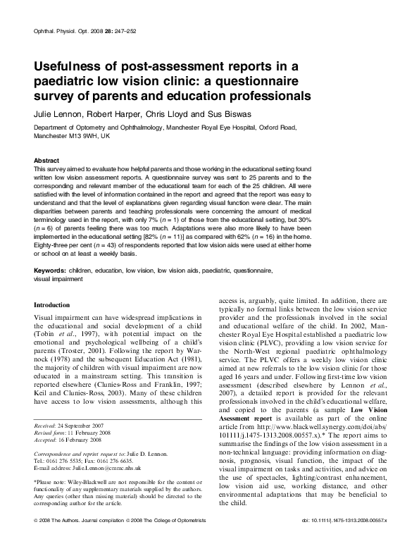(PDF) Usefulness of post-assessment reports in a paediatric low vision ...
