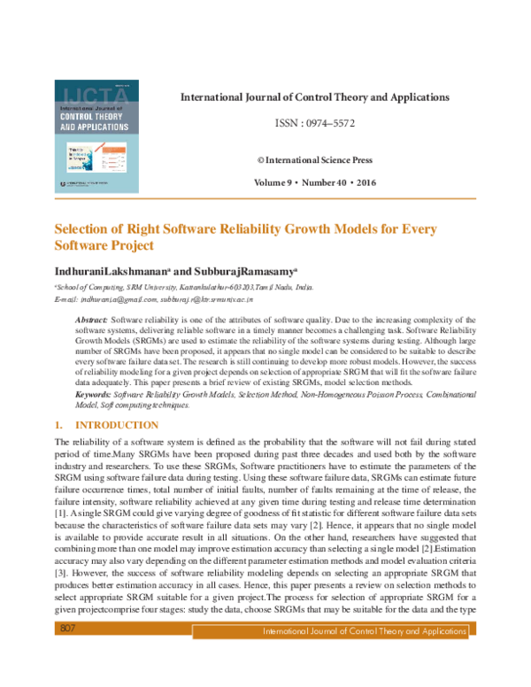 (PDF) 1. Selection of Right Software Reliability Growth Models for Every Software Project
