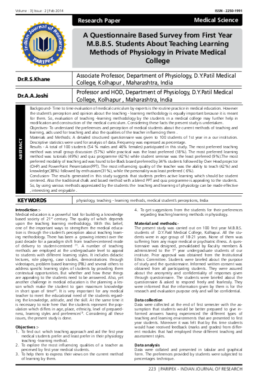 (PDF) A Questionnaire Based Survey from First Year M.B.B.S. Students ...