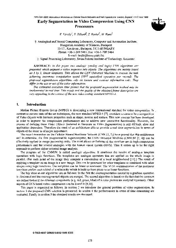 Pdf Early Segmentation In Video Compression Using Cnn Processors