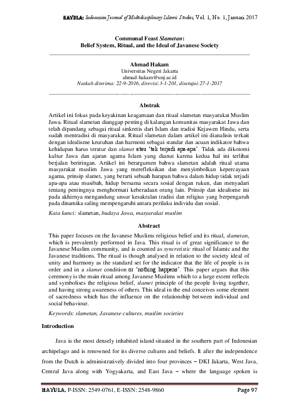 (PDF) Communal Feast Slametan: ‎ Belief System, Ritual, and the Ideal ...
