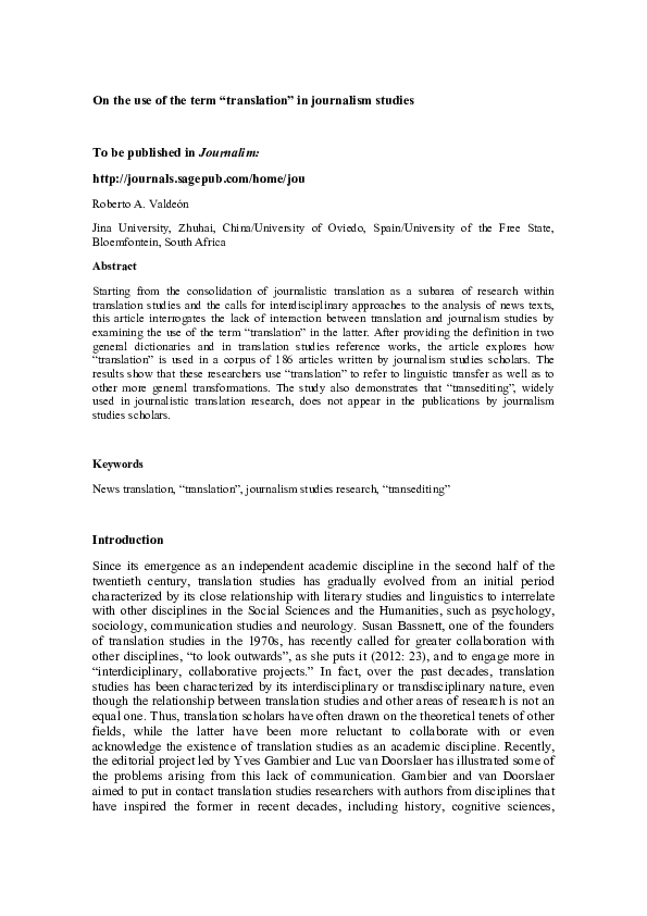 (PDF) On the use of the term " translation " in journalism studies