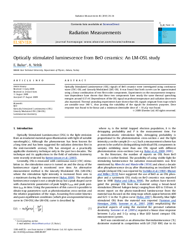 (PDF) Optically stimulated luminescence from BeO ceramics: An LM-OSL study