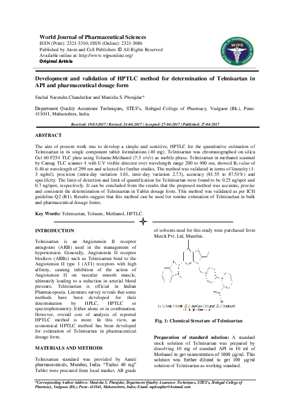 Pdf Development And Validation Of Hptlc Method For Determination Of Telmisartan In Api And