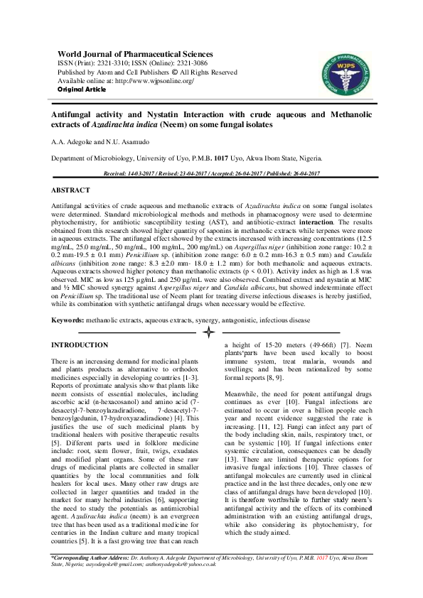 (PDF) Antifungal activity and Nystatin Interaction with crude aqueous and Methanolic extracts of ...