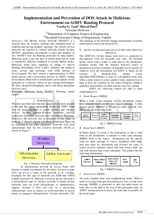 (PDF) Implementation and Prevention of DOS Attack in Malicious Environment on AODV Routing Protocol