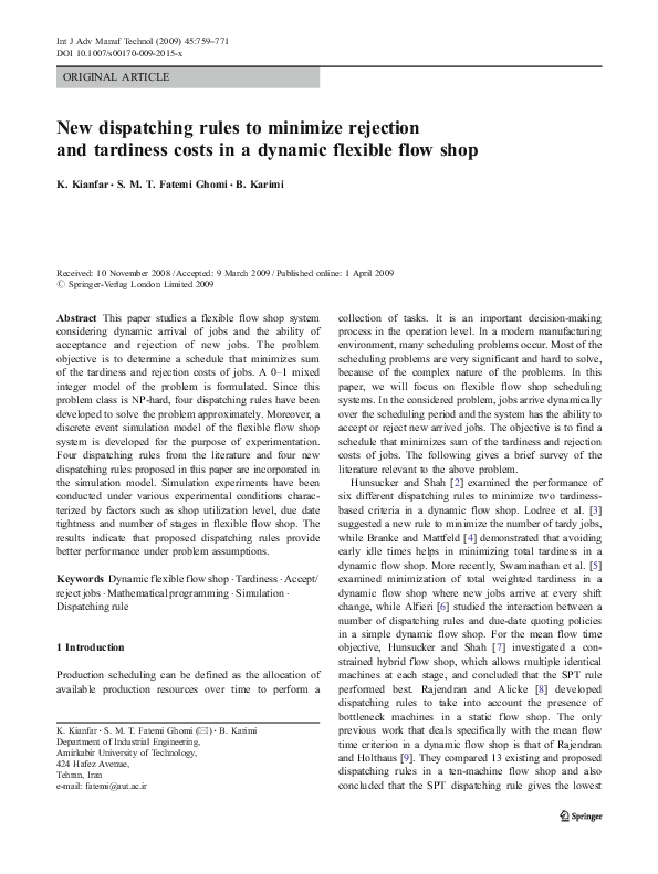 (PDF) New dispatching rules to minimize rejection and tardiness costs in a dynamic flexible flow ...