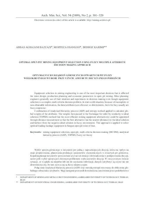 Pdf Optimal Open Pit Mining Equipment Selection Using Fuzzy Multiple