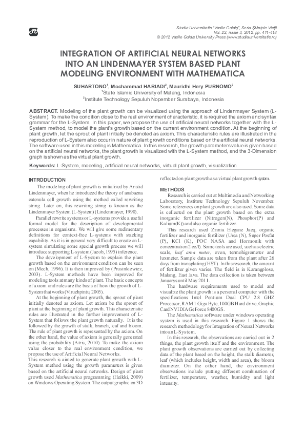 (PDF) INTEGRATION OF ARTIFICIAL NEURAL NETWORKS INTO AN LINDENMAYER SYSTEM BASED PLANT MODELING ...