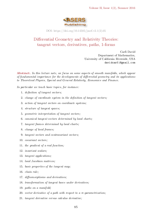 (PDF) Differential Geometry and Relativity Theories: tangent vectors ...