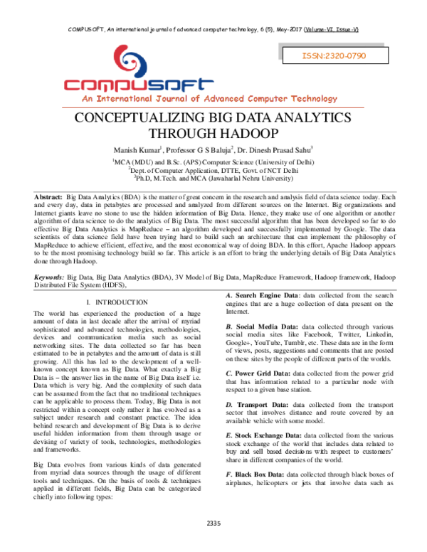 Pdf Conceptualizing Big Data Analytics Through Hadoop