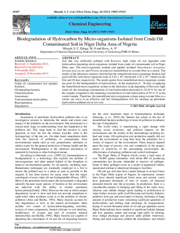 (PDF) BIODEGRADATION OF HYDROCARBON BY MICRO-ORGANISMS ISOLATED FROM CRUDE OIL CONTAMINATED SOIL ...