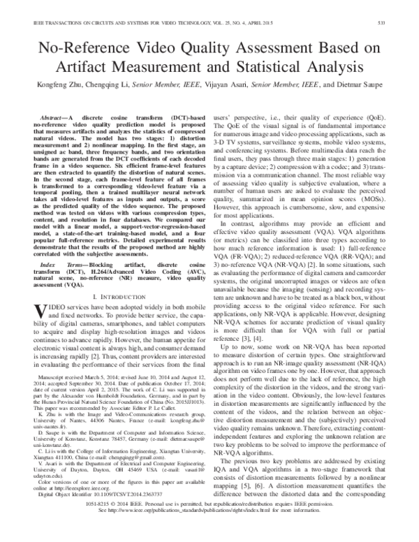(PDF) No-Reference Video Quality Assessment Based on Artifact ...