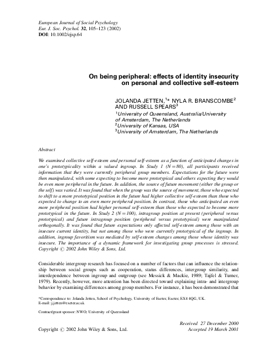 (PDF) On being peripheral: effects of identity insecurity on personal ...