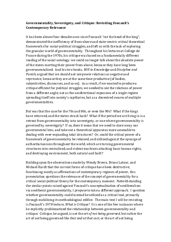 (PDF) Governmentality, Sovereignty, and Critique: Revisiting Foucault's ...