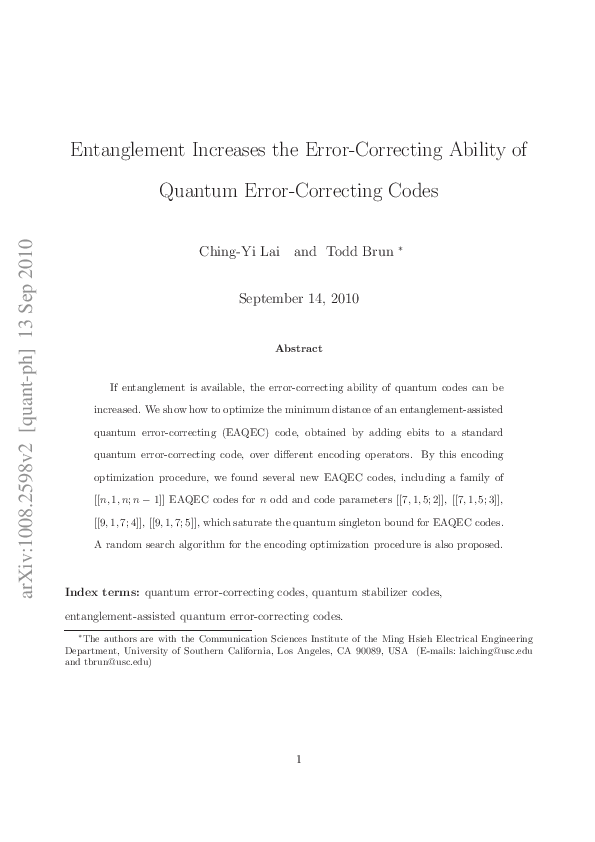 Pdf Entanglement Increases The Error Correcting Ability Of Quantum Error Correcting Codes