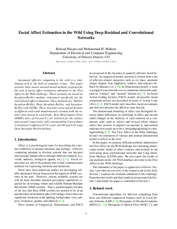 (PDF) Facial Affect Estimation in the Wild Using Deep Residual and Convolutional Networks