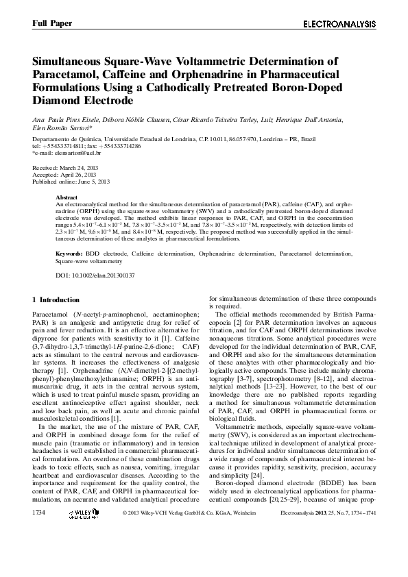 Pdf Simultaneous Square Wave Voltammetric Determination Of Paracetamol Caffeine And