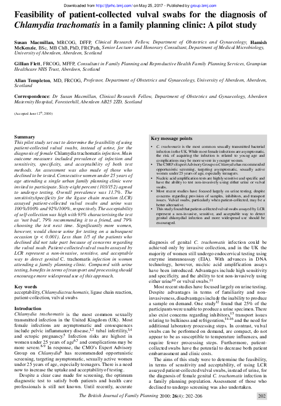 (PDF) Use of self-collected vaginal specimens for detection of Chlamydia trachomatis infection*1 ...