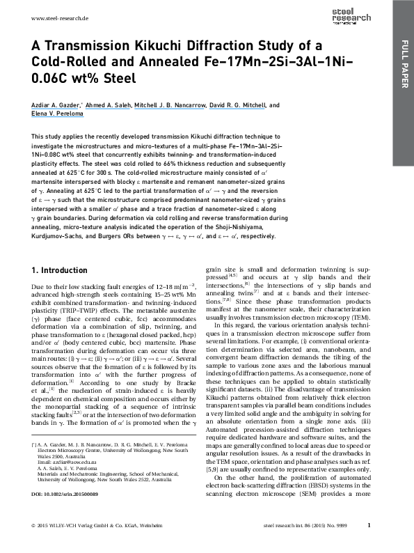 (PDF) A Transmission Kikuchi Diffraction Study of a Cold-Rolled and Annealed Fe-17Mn-2Si-3Al-1Ni ...
