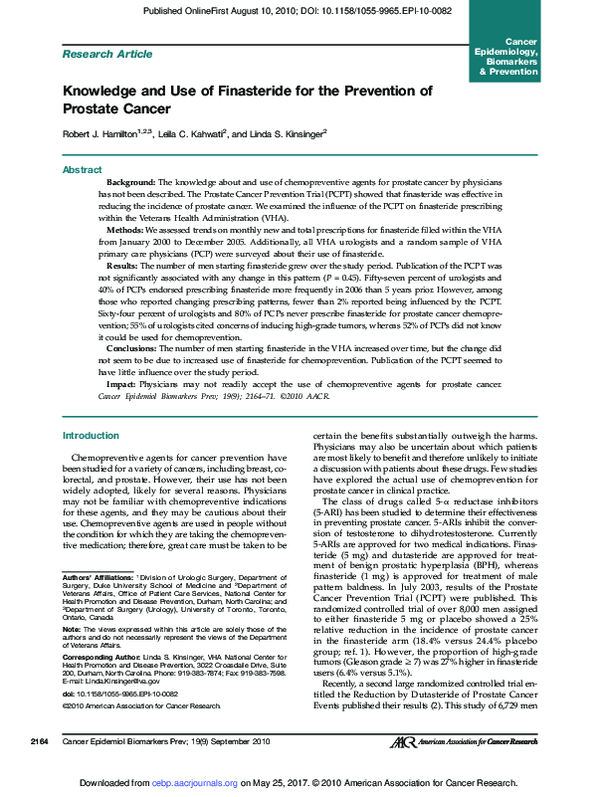 Pdf Knowledge And Use Of Finasteride For The Prevention Of Prostate Cancer