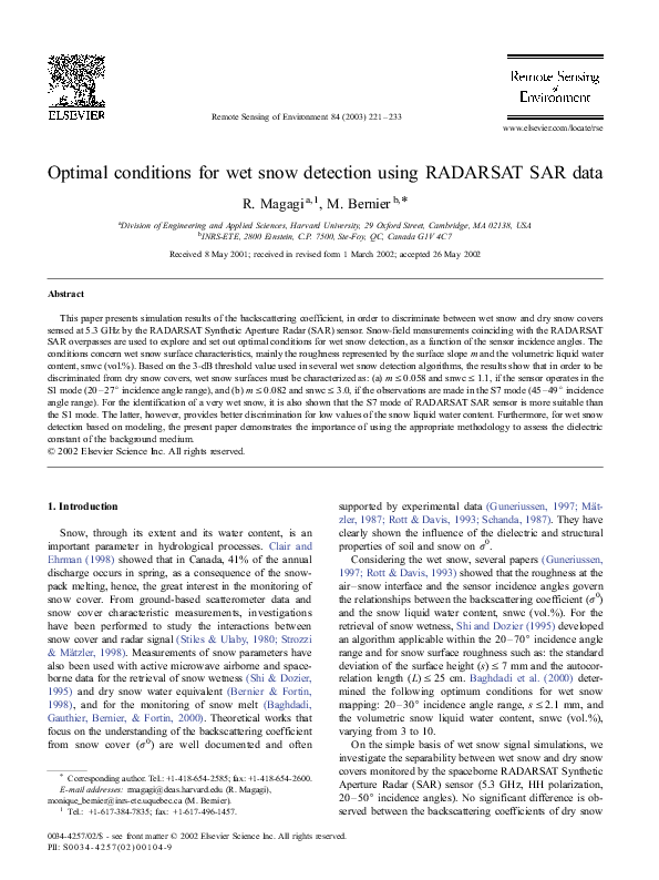 Pdf Optimal Conditions For Wet Snow Detection Using Radarsat Sar Data