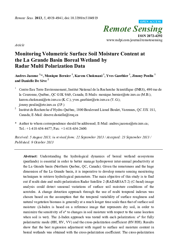 (PDF) Monitoring Volumetric Surface Soil Moisture Content at the La Grande Basin Boreal Wetland ...