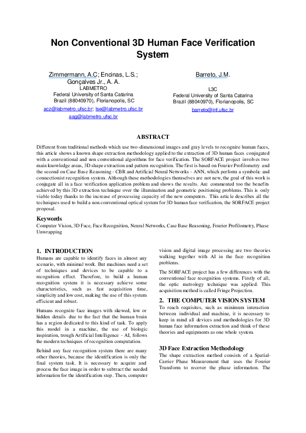 (PDF) Non Conventional 3D Human Face Verification System