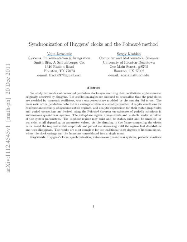 (PDF) Synchronization of Huygens' clocks and the Poincaré method