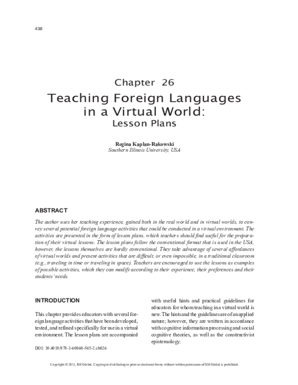 (PDF) Teaching Foreign Languages in a Virtual World: Lesson Plans