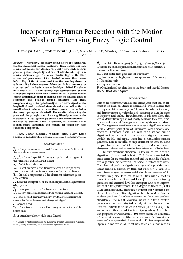 Pdf Incorporating Human Perception With The Motion Washout Filter Using Fuzzy Logic Control