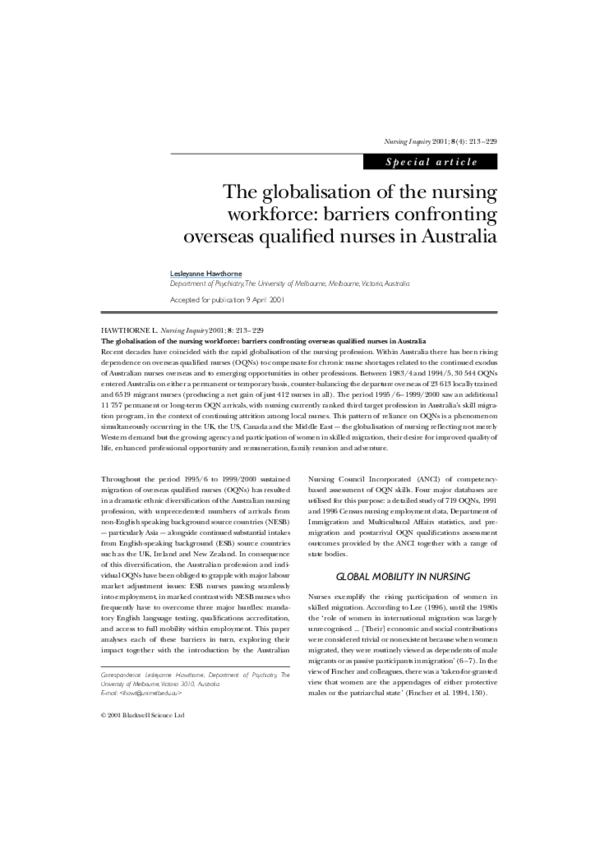 Pdf The Globalisation Of The Nursing Workforce Barriers Confronting