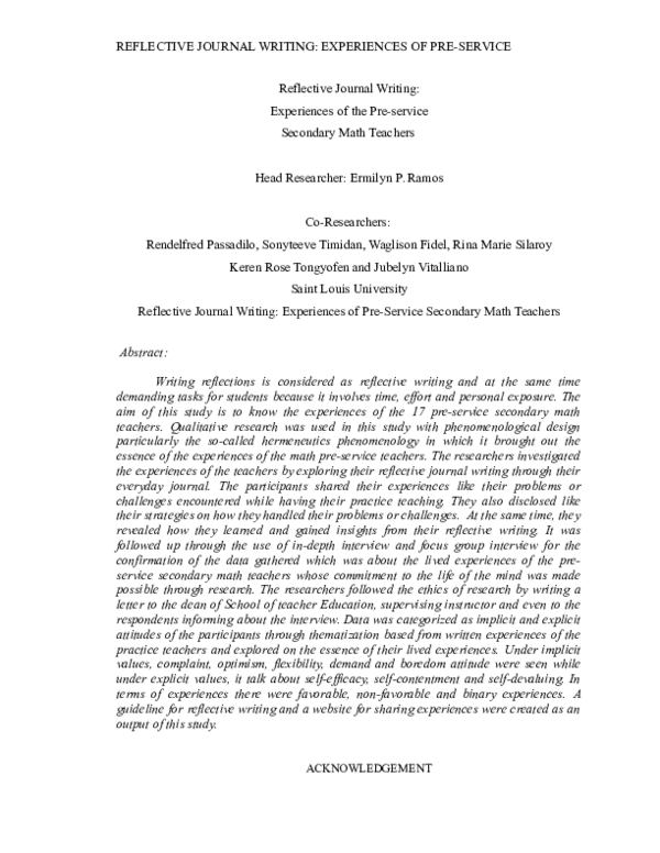 (DOC) Reflective Journal Writing Experiences of Pre-Service Secondary ...