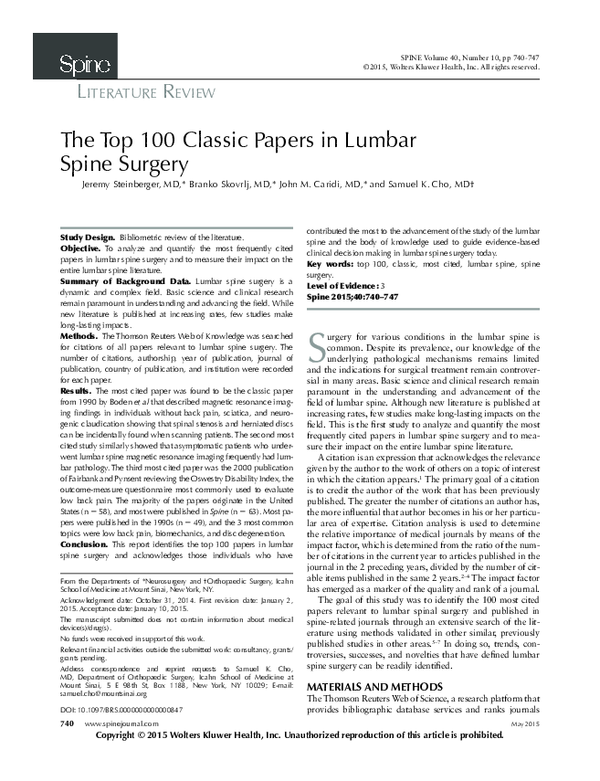 (PDF) The Top 100 Classic Papers in Lumbar Spine Surgery