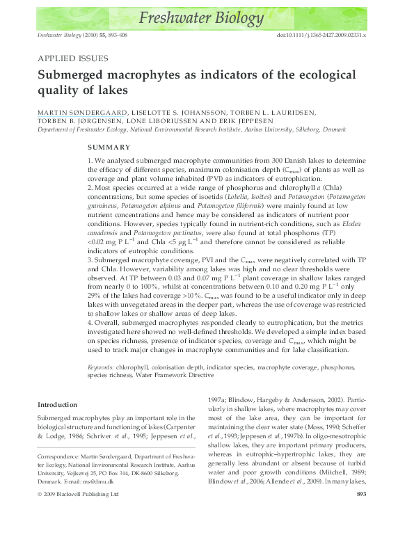 Pdf Submerged Macrophytes As Indicators Of The Ecological Quality Of