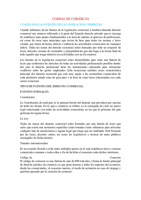 (DOC) CODIGO DE COMERCIO CUALES SON LAS FUENTES DE LA LEGISLACION COMERCIAL