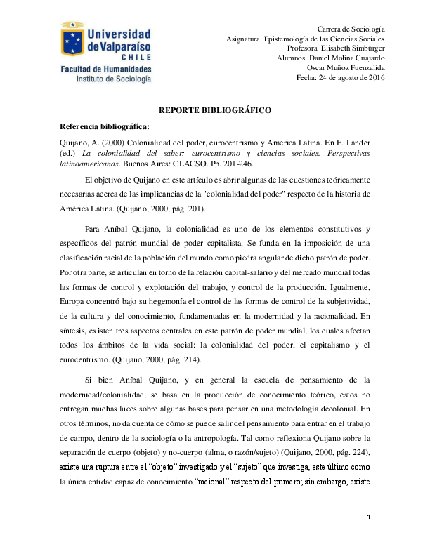 (PDF) Anibal Quijano, Colonialidad del poder, eurocentrismo y America ...
