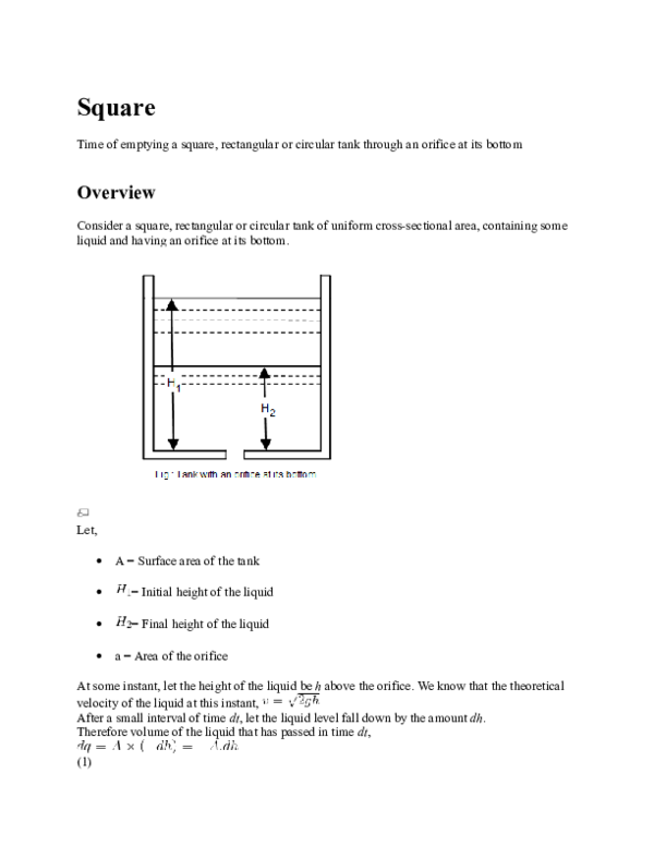 (DOC) Formula of emptying tank through orifice at bottom