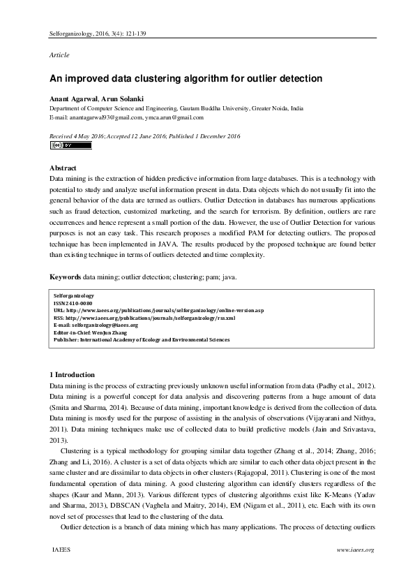 Pdf An Improved Data Clustering Algorithm For Outlier Detection Iaees Publications