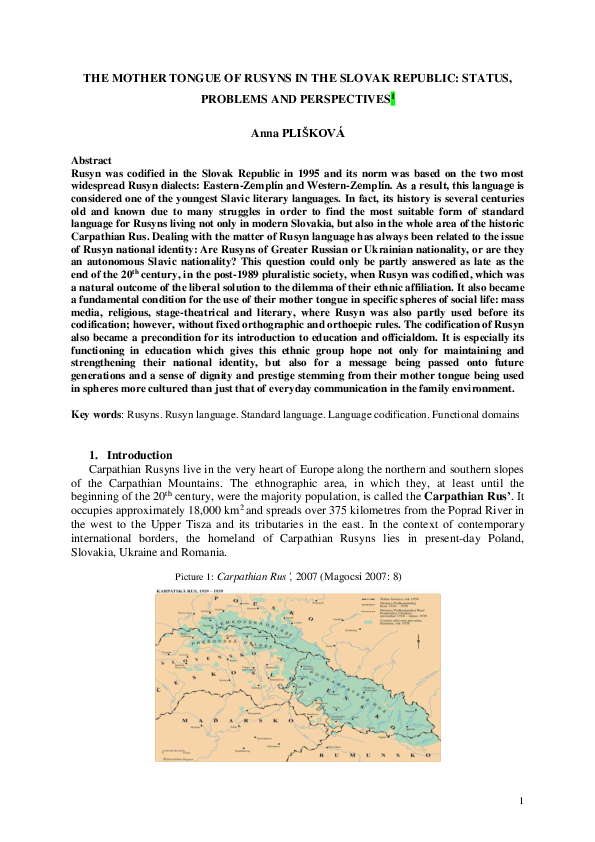 (PDF) THE MOTHER TONGUE OF RUSYNS IN THE SLOVAK REPUBLIC: STATUS ...
