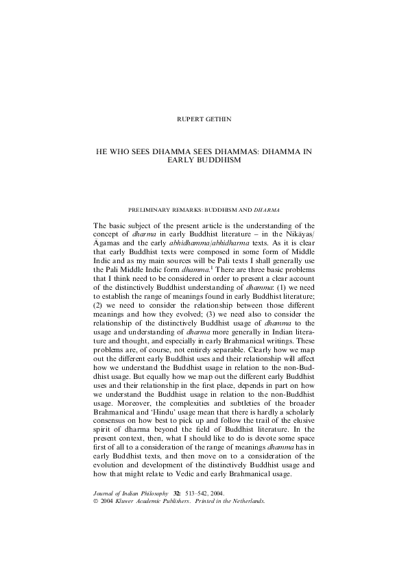 (PDF) He who sees dhamma sees dhammas: dhamma in early Buddhism