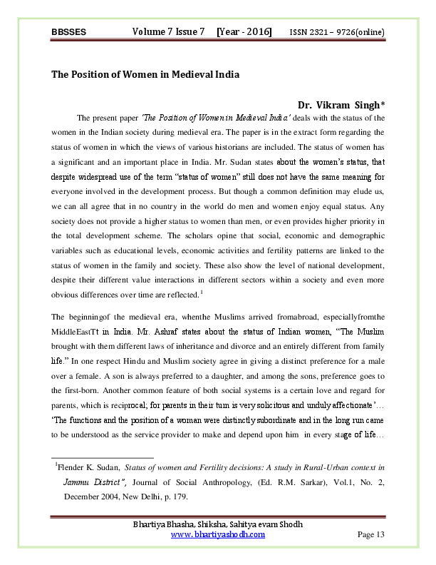 (PDF) The Position of Women in Medieval India