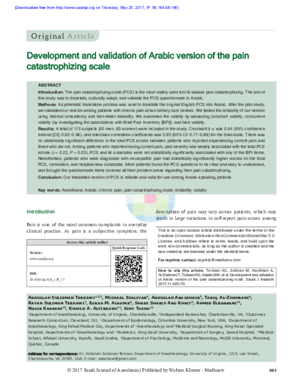 (PDF) Development and validation of Arabic version of the pain ...