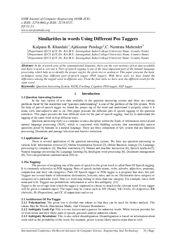 Pdf Similarities In Words Using Different Pos Taggers