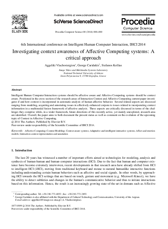 (PDF) Investigating context awareness of Affective Computing systems: A critical approach