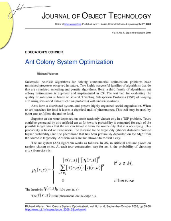 (PDF) Ant Colony System Optimization | White Cloud - Academia.edu