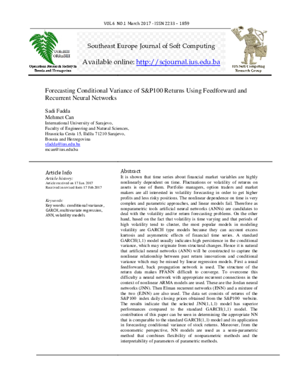 Pdf Forecasting Conditional Variance Of Sandp100 Returns Using Feedforward And Recurrent Neural